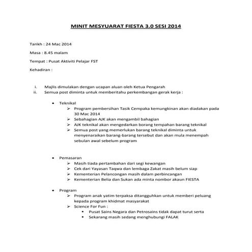 Minit mesyuarat dengan ajk 2 FIESTA | PDF