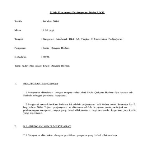 Minit mesyuarat perjumpaan kelas ukm 2 | DOCX