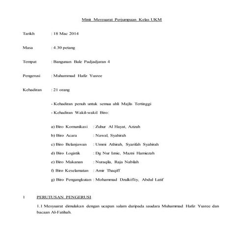 Minit mesyuarat perjumpaan kelas ukm 4 | DOCX