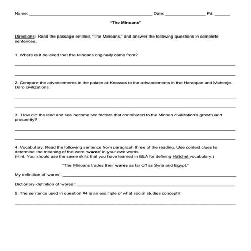 Minoans Worksheet Activities And Sports Of The Minoans By Arabella