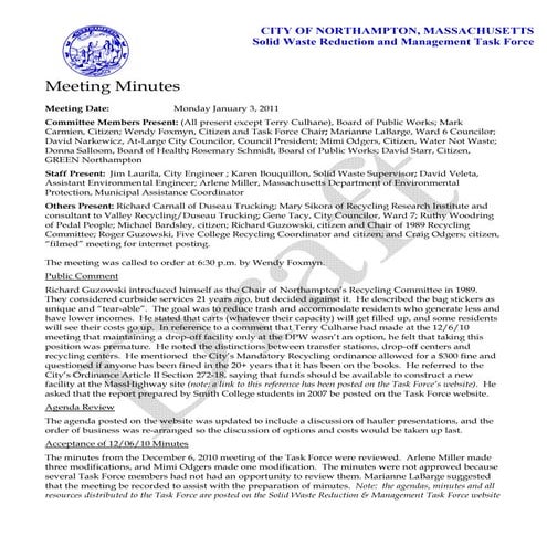 Solid Waste Task Force: Draft Minutes of 1/3/11 | PDF