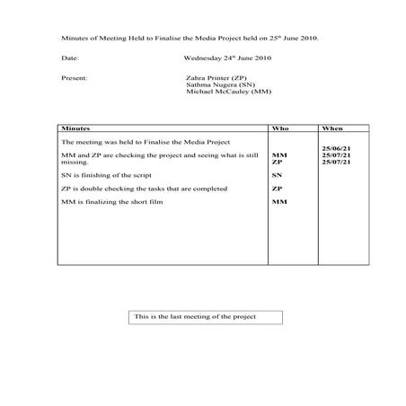 Minutes held to finalize the project | DOC