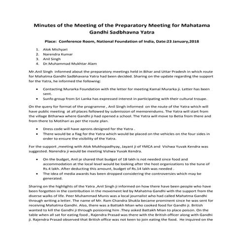 Minutes Preparatory Meeting Gandhi Sadbhava Yatra_2018_Jan 23 | PDF