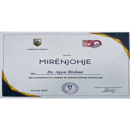 Dr. Agon Bislimi – Mirënjohje për kontributin në shëndetësi | PDF