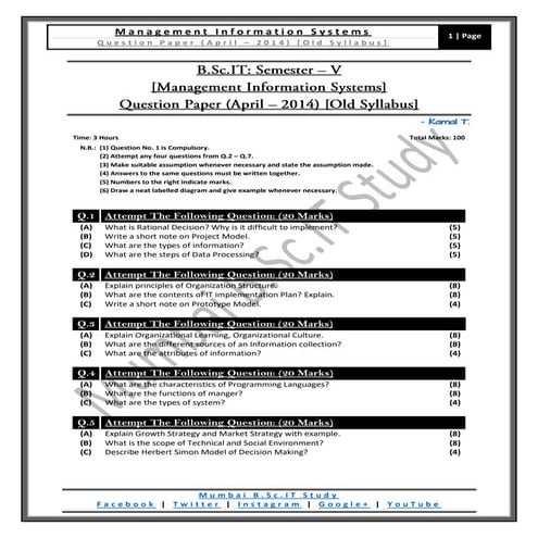 [Question Paper] Management Information Systems (Old Syllabus) [April ...