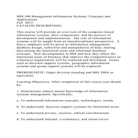 MIS 300 Management Information Systems Concepts and Applications .docx