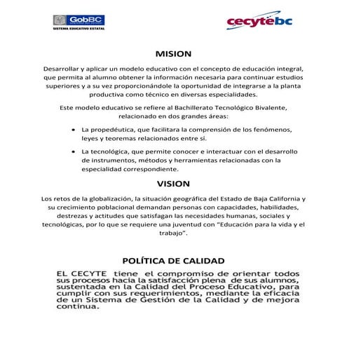 Mision, vision, politicas de calidad | DOC