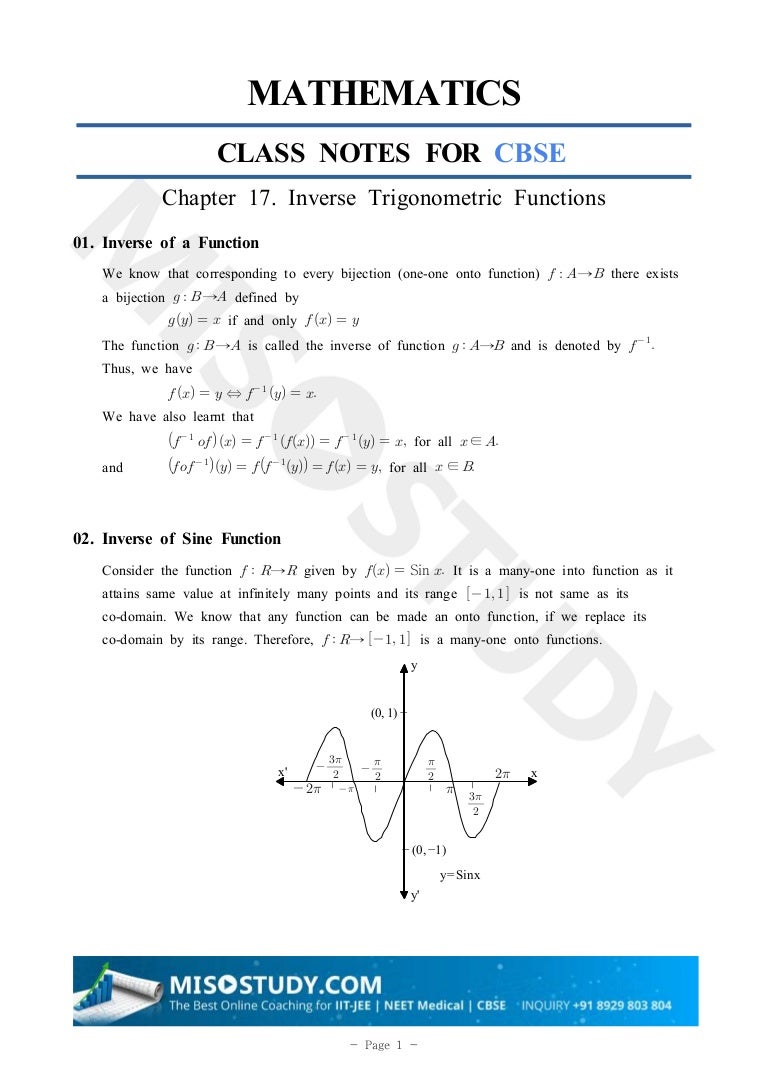 Inverse Trigonometric Functions 12th Mathematics Class notes for CBSE…