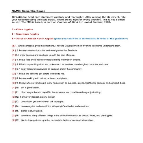 Multiple Intelligence - Dr. Terry Armstrong's Questionnaire | DOCX