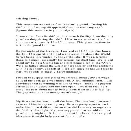 Missing Money This statement was taken from a security guard. .docx