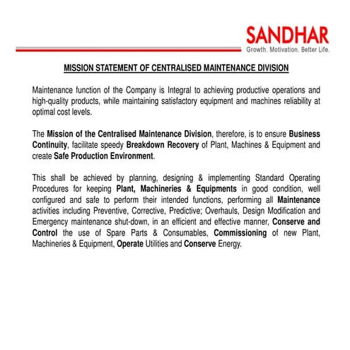 Mission Statement Centralised Maintenance Division | PDF