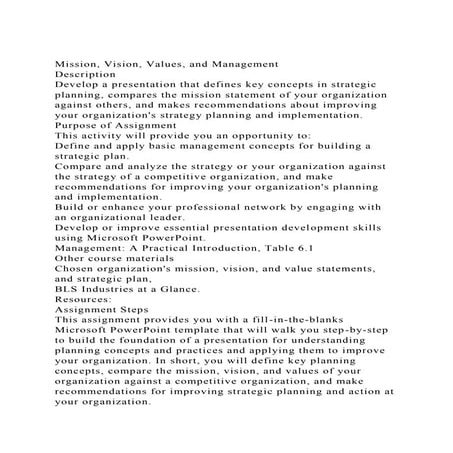 Mission, Vision, Values, and ManagementDescriptionDevelop a pr.docx