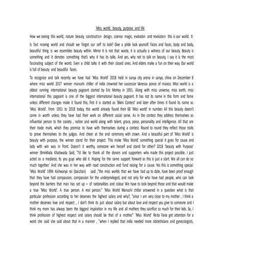 Miss world beauty, purpose and life | PDF