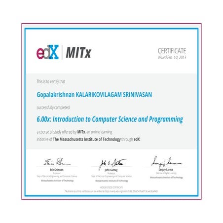 Certificate -- Dashamir Hoxha -- edX/MITx -- 6.00x Introduction to Co…