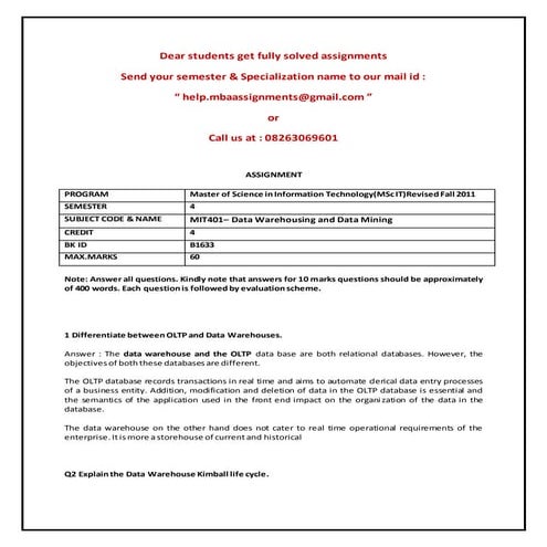 Mit401 data warehousing and data mining | DOCX