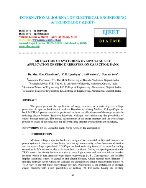 Mitigation Of Switching Overvoltage By Application Of Surge Arrester On