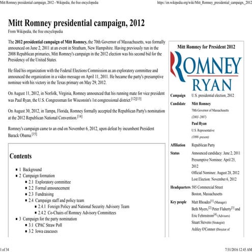Mitt Romney Presidential Campaign, 2012 - Wikipedia (073116) | PPT