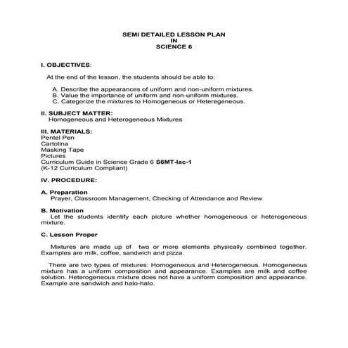Types of Mixture: Homogeneous and Heterogeneous | DOCX