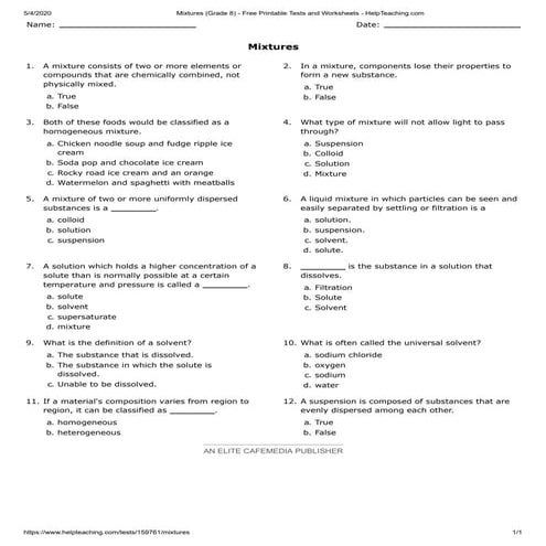 Mixtures (Grade 8) - Free Printable Tests and Worksheets - HelpTeaching ...