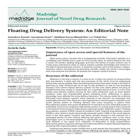 Floating Drug Delivery System: An Editorial Note | PDF