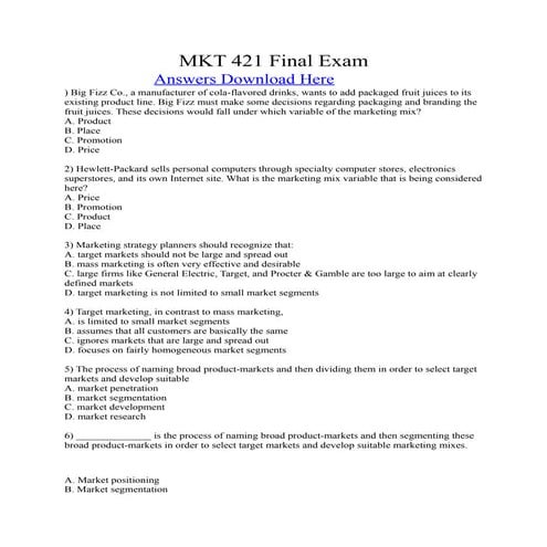 MKT 421 Final Exam | DOCX