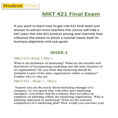 MKT 421 Final Exam | MKT 421 Final Exam Answers | Studentwhiz | DOCX