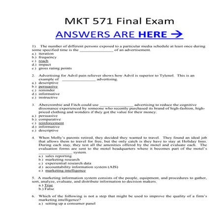 MKT 571 MKT/571 Final EXAM MCQ\s Correct Answers 100% | DOCX