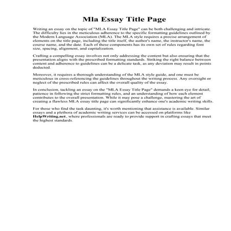 Mla Essay Title Page. Sample Title Page In Mla Format The Document ...