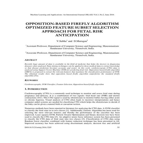 Opposition Based Firefly Algorithm Optimized Feature Subset Selection Approach For Fetal Risk 