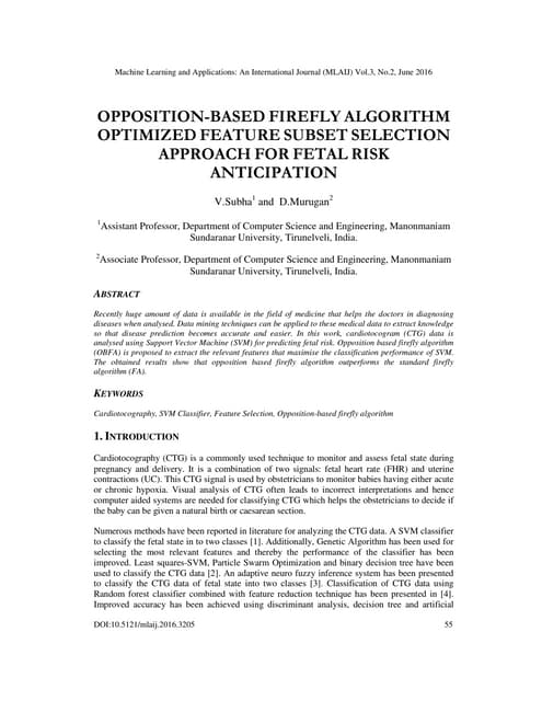 Opposition Based Firefly Algorithm Optimized Feature Subset Selection Approach For Fetal Risk