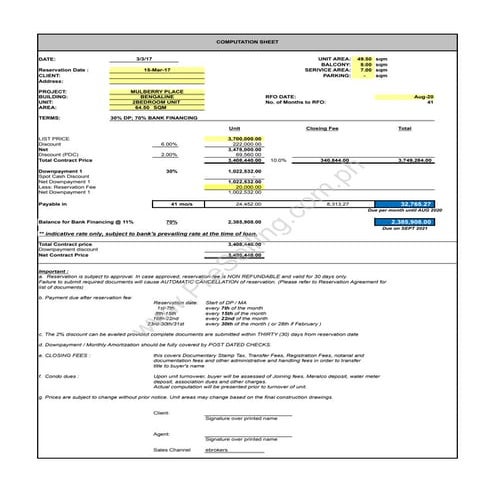 Mulberry Place - DMCI - Acacia Estates 2BR Sample Computation | PDF