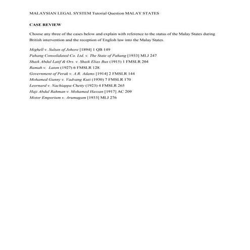 Mls tutorial2 legal history malay states case review | DOCX