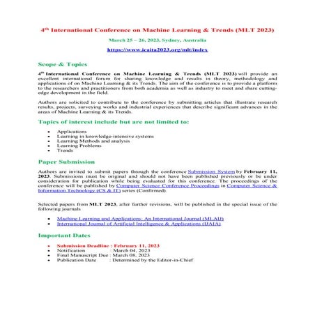 Call for Papers - 6 th International Conference on Machine Learning & Trends (MLT 2025) | PDF