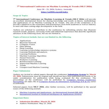 7th International Conference on Machine Learning & Trends (MLT 2026) | PDF