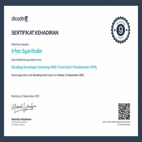 Dicoding Developer Coaching 102 Front End Pendalaman Html Certificate Ppt