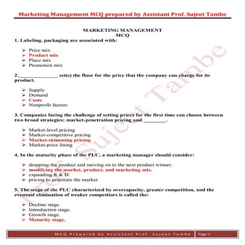 Marketing Management MCQ by Prof. Sujeet Tambe | PDF