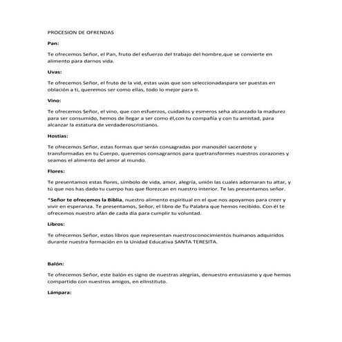 Oracion al entregar los dones | DOCX