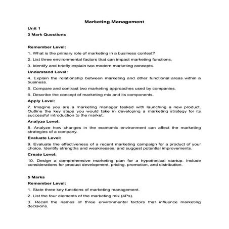 Marketing Management Question Bank in Bloom's Taxanomy level | PDF