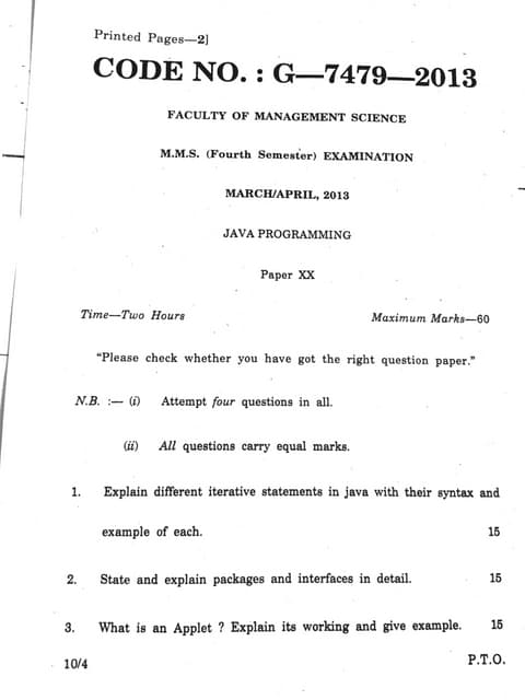 Java Programming Question Paper Aurangabad Mms Pdf Programming Languages Computing