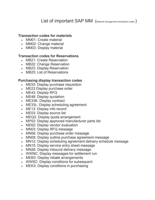 Sap transaction-codes-list | PDF