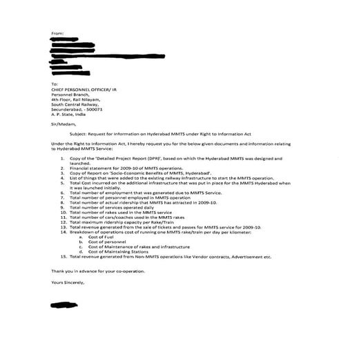 MMTS Hyderabad RTI Application | PDF