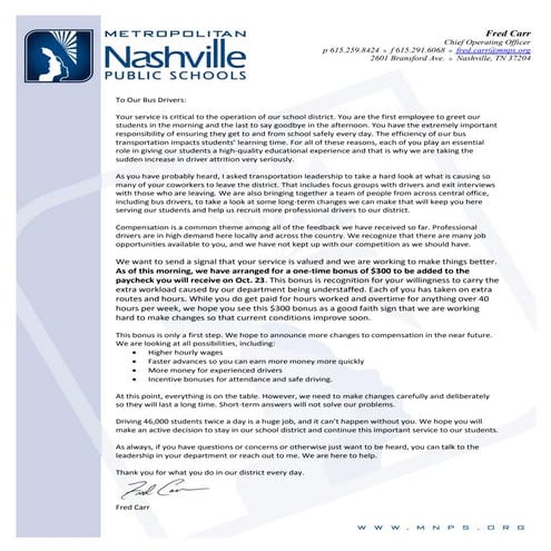 MNPS Letter to Bus Drivers | PDF