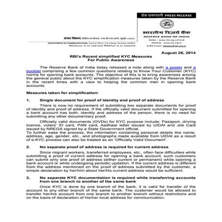 RBIs RECENT SIMPLIFIED KYC MEASURES FOR PUBLIC AWARENESS | PDF