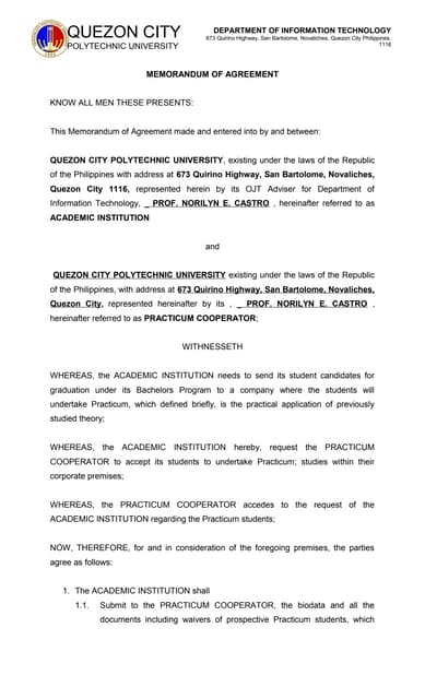 Memorandum Of Agreement Sample | DOC