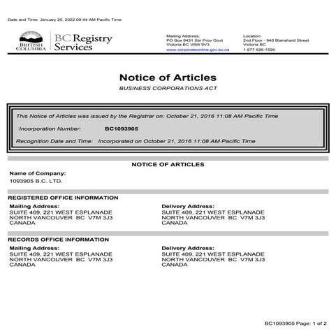 Moab BC Notice Of Articles | PDF