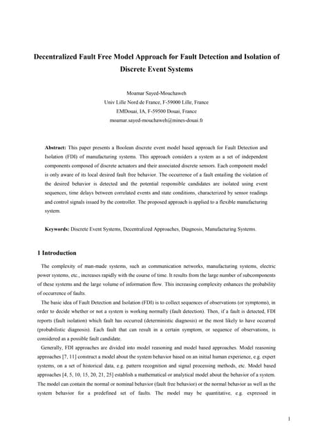 Moamar Decentralized Fault Free Model Approach For Fault Detection And