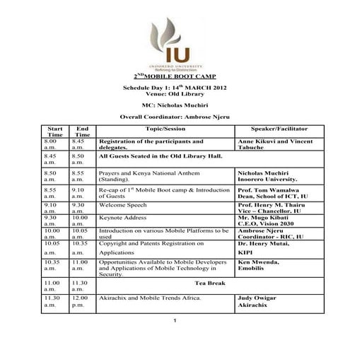 Inoorero Universty Mobile boot camp schedule | DOCX