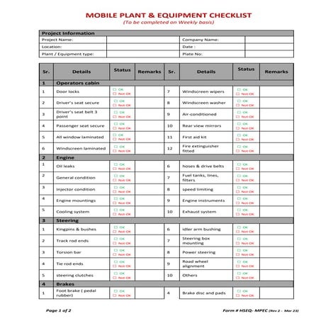 MOBILE PLANT EQUIPMENT CHECKLIST Form # HSEQ - MPEC Rev 2 -.docx