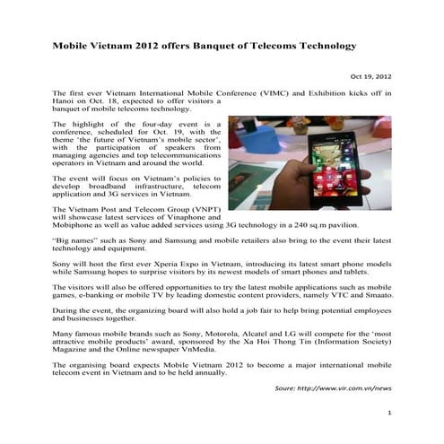 Mobile vietnam 2012 offers banquet of telecoms technology | DOCX | Smartphones | Consumer ...