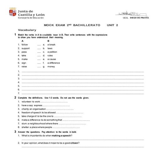 MOCK EXAM 2ND BACHILLERATO UNIT 2 | DOC